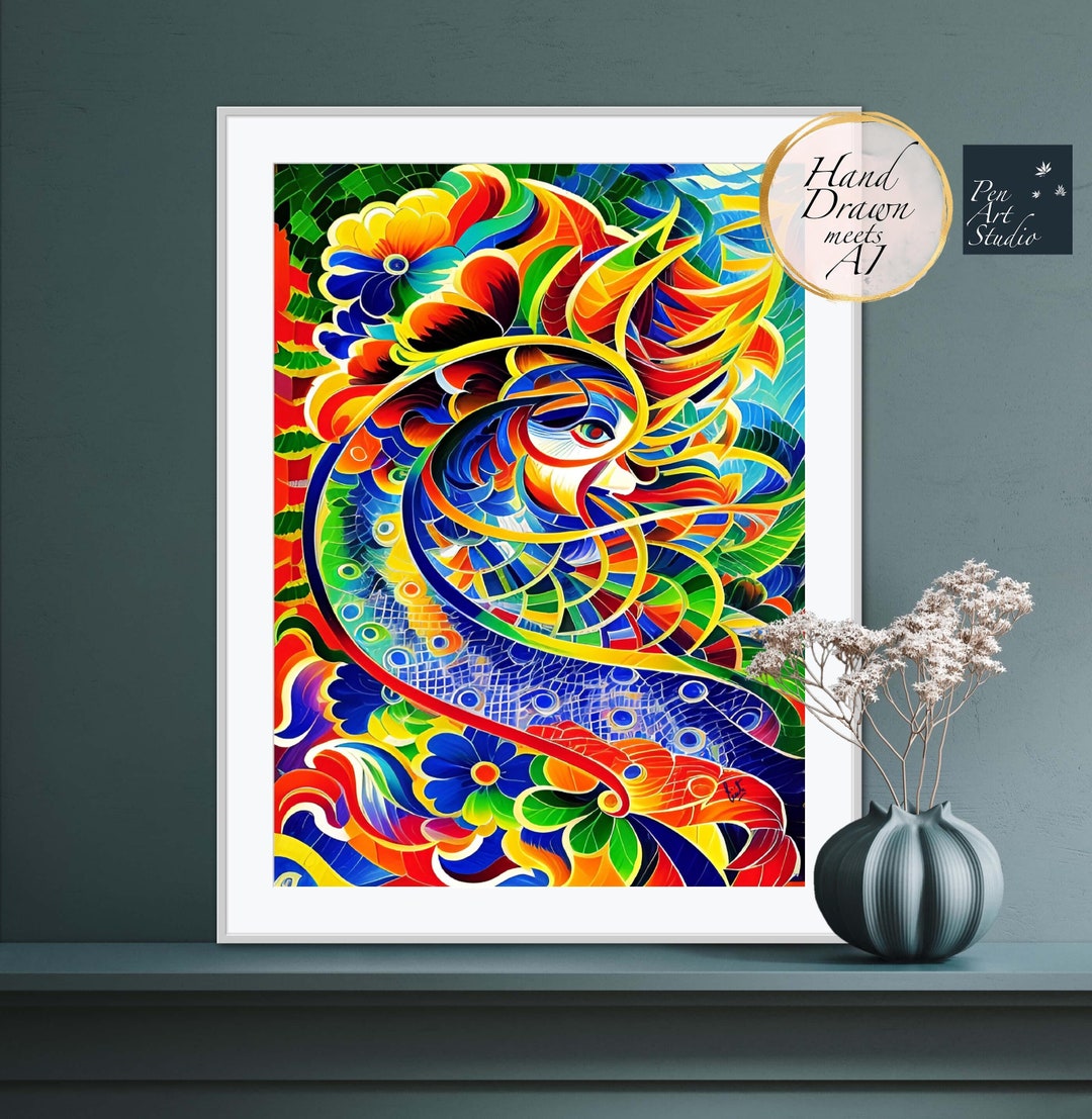Trippy Fauvism Peacock Floral Wall Art Painting Print, Shabby Chic Boho ...