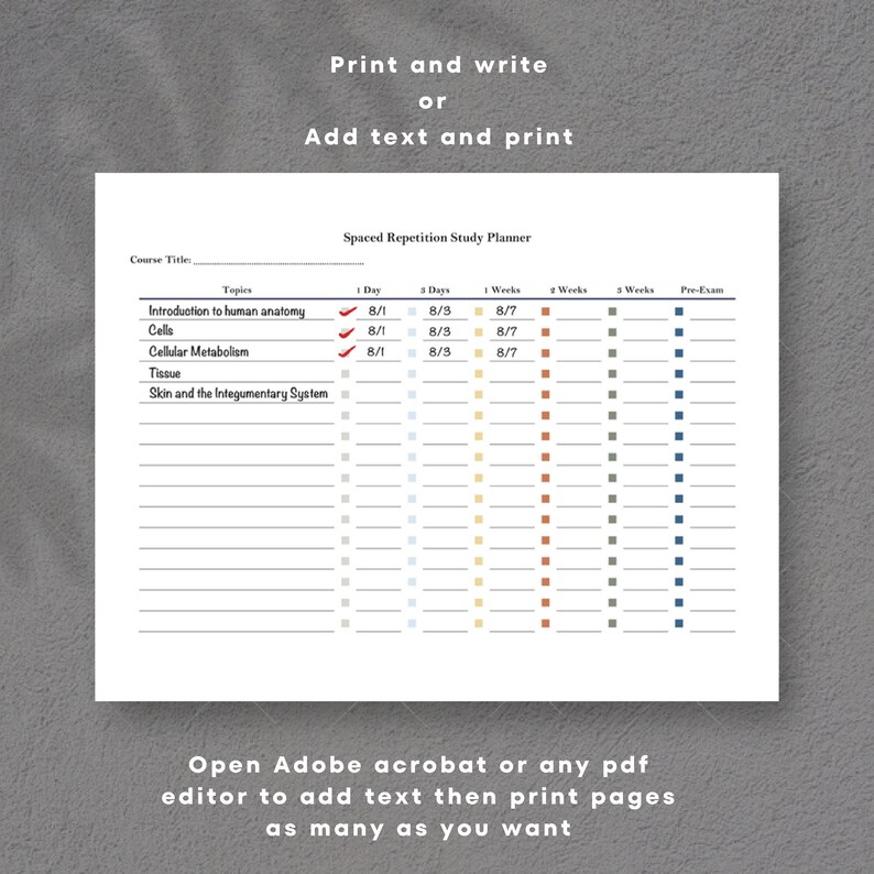 Spaced Repetition Study Template, Study Planner for College, High ...