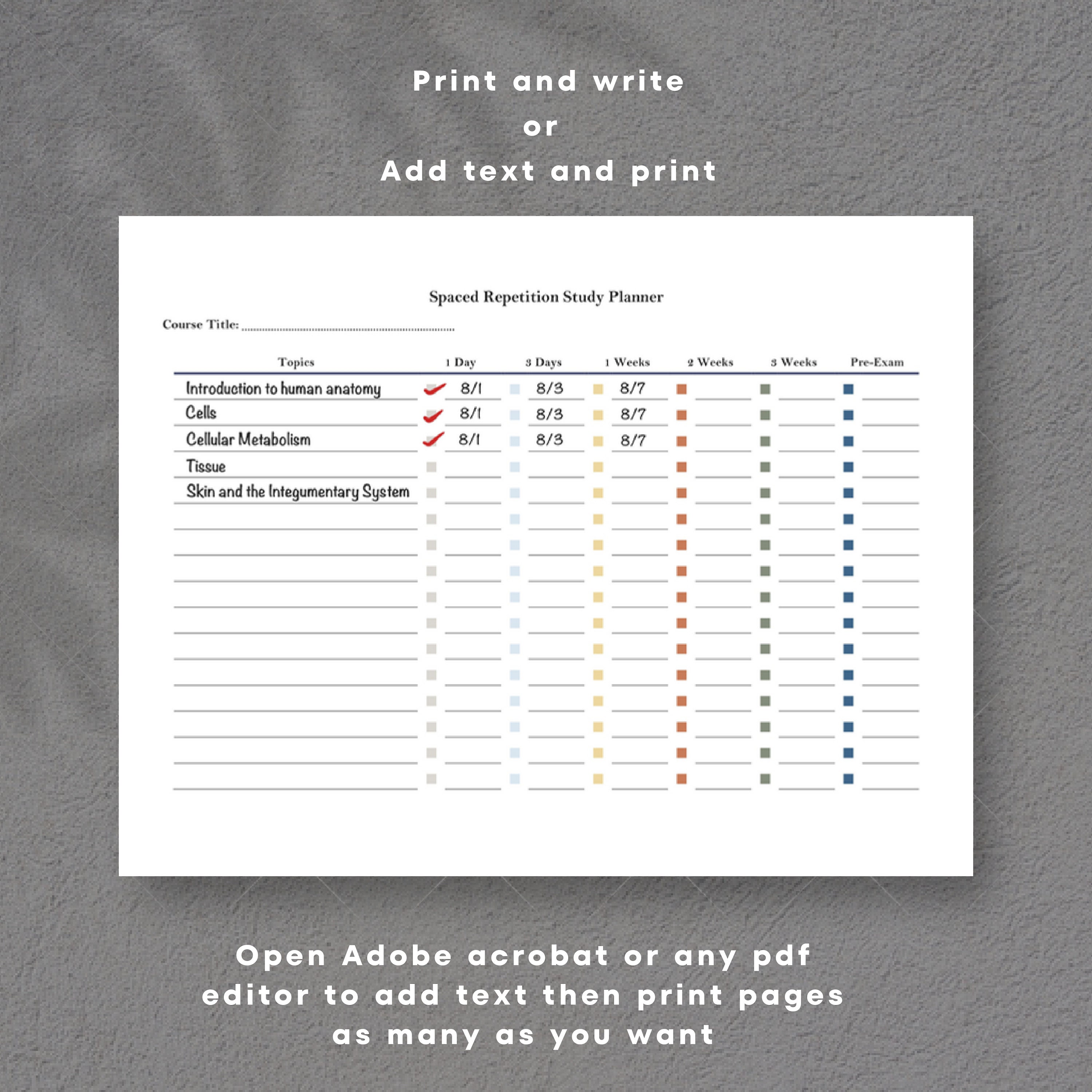 Spaced Repetition Study Template, Study Planner for College, High ...
