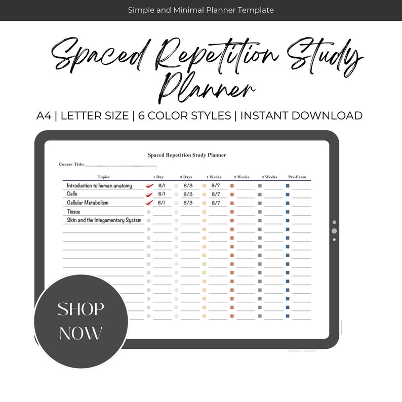 Spaced Repetition Study Template, Study Planner for College, High ...