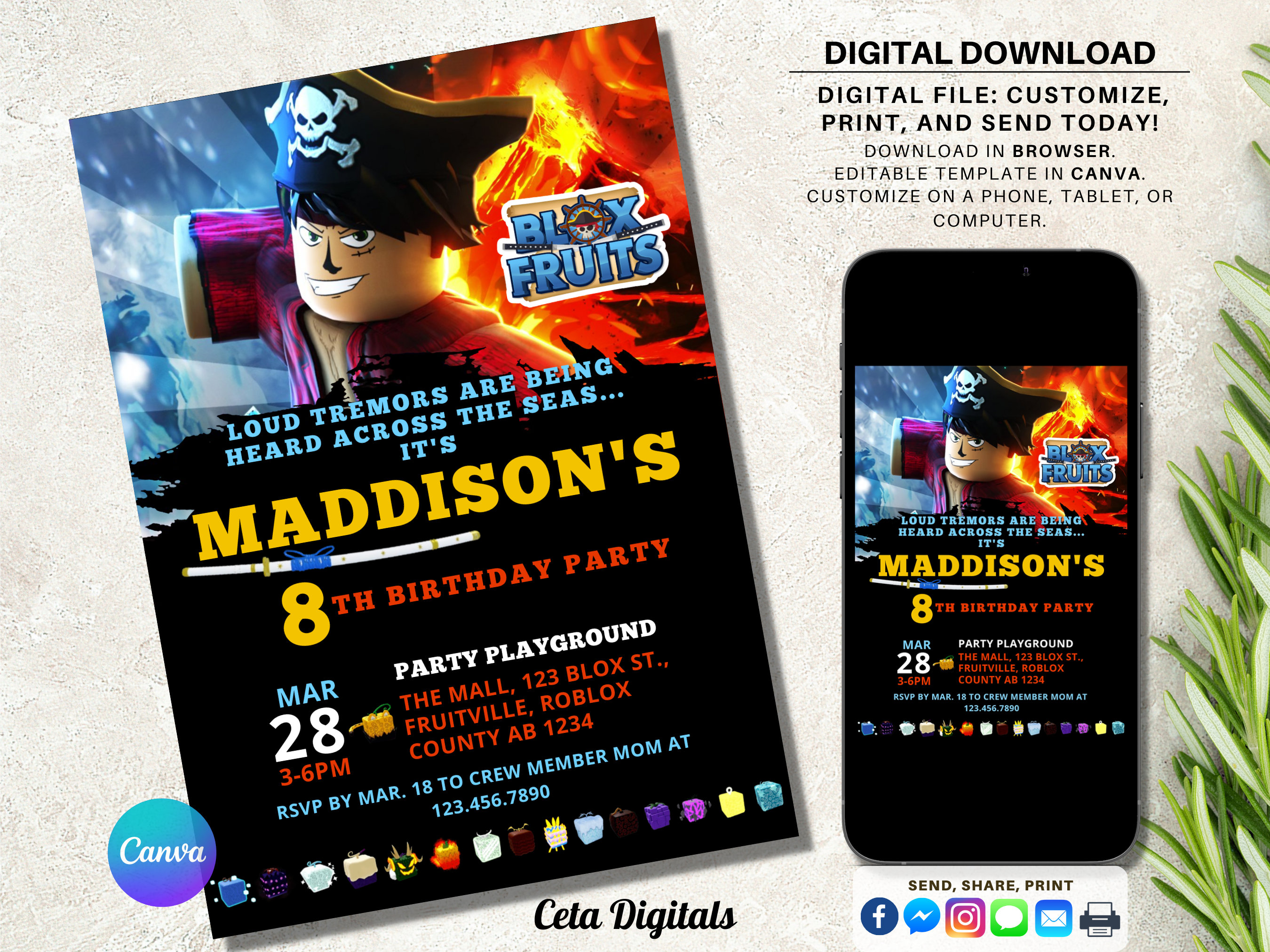 Blox Fruits Game Roblox Digital Diy Template Invitation Etsy