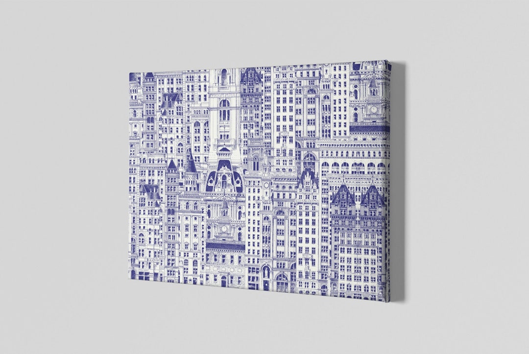 Blue City Buildings Pattern Background Vintage Art Canvas Art Print - Etsy
