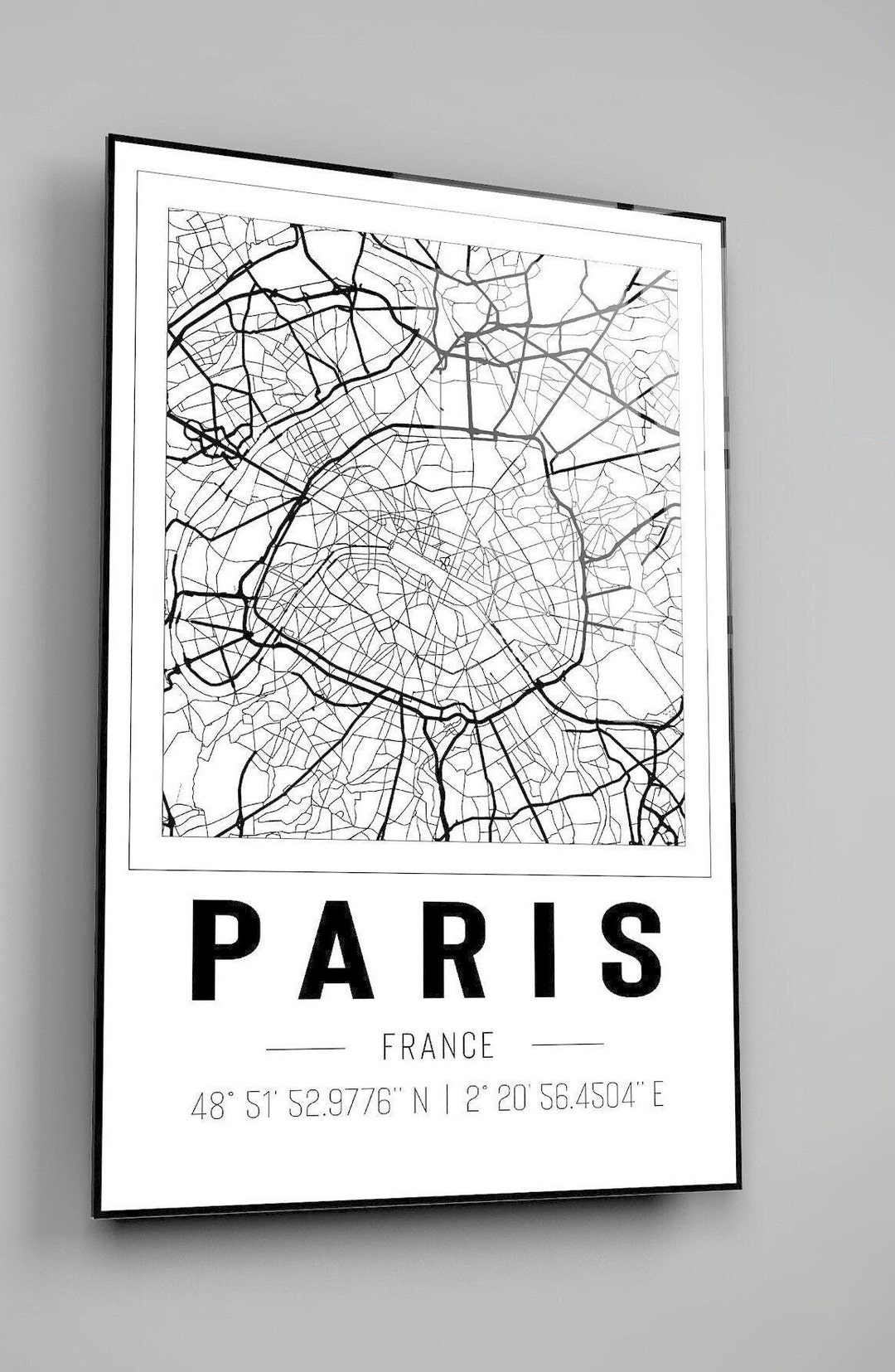 Paris France Map With Co Ordinates High Gloss Acrylic Glass Wall Art ...