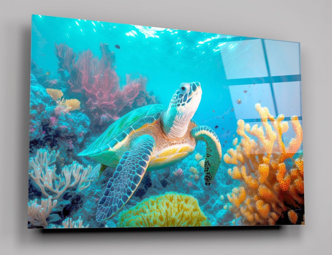 Large Sea Turtle Swimming in Sea on Maldives Tropical Island High Gloss ...