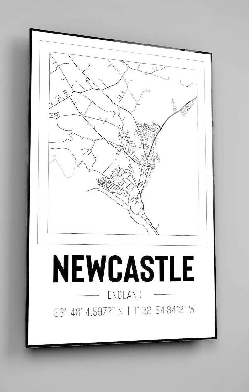 Newcastle England Map With Co Ordinates High Gloss Acrylic Glass Wall ...