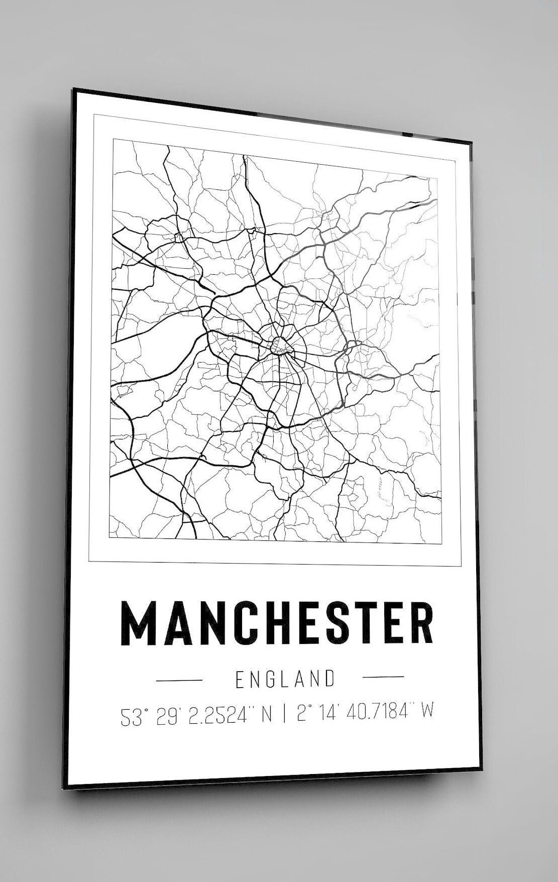 Manchester England City Map With Co Ordinates High Gloss Acrylic Glass ...