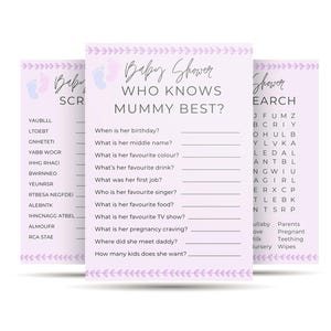 5 Printable Baby Shower Games Purple Cute Jungle Games Baby Shower Fun ...