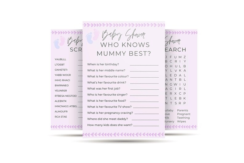 5 Printable Baby Shower Games Purple Cute Jungle Games Baby Shower Fun ...