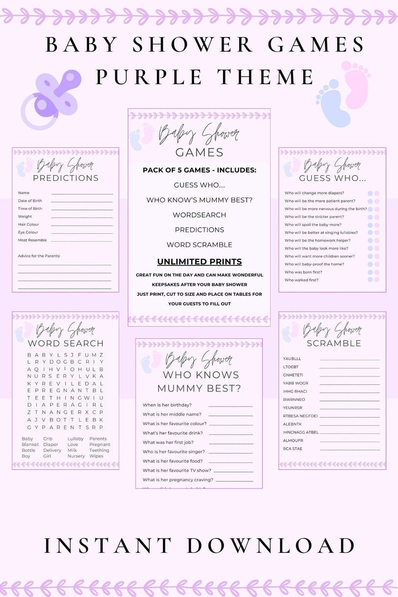 5 Printable Baby Shower Games Purple Cute Jungle Games Baby Shower Fun ...