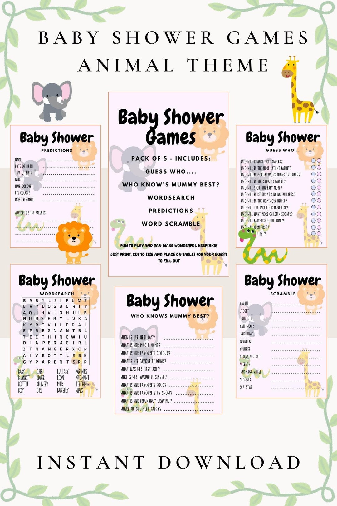 5 Printable Baby Shower Games Animals Cute Jungle Games Baby Shower Fun ...