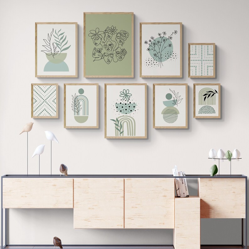 Green Boho Abstract Wall Arts Set of 9, Sage Green Bohemian Art Set ...