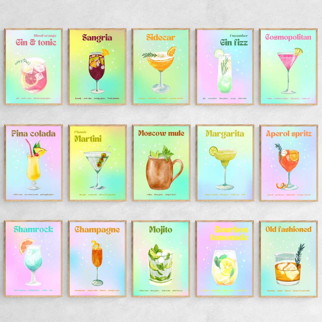 Cocktail Art Prints Set of 15, Alcoholic Beverage Posters With Simple ...