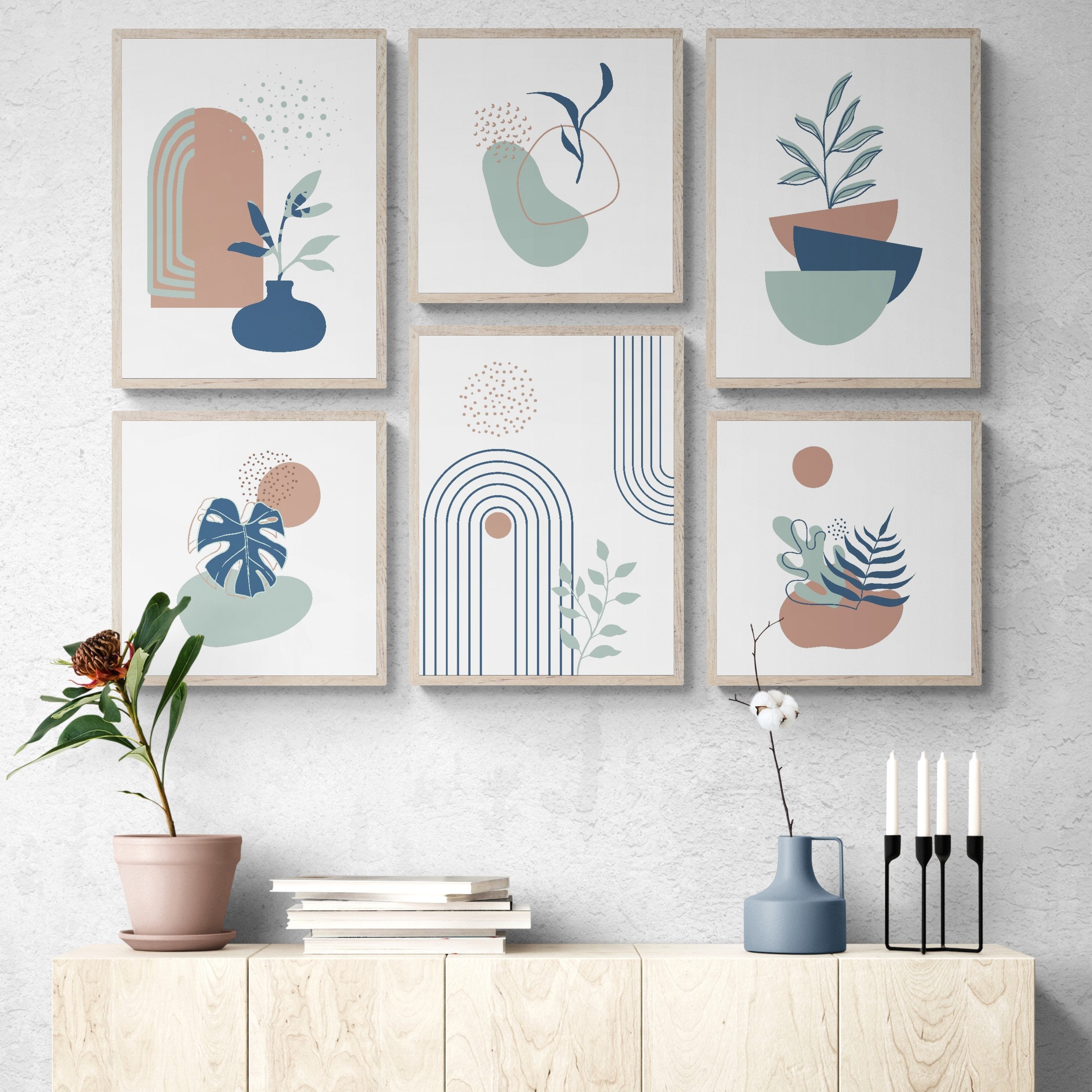 Boho Art Prints Set of 6, Earth Tone Abstract Posters, Modern Boho Wall ...