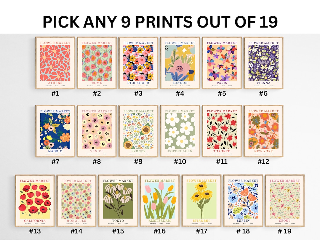 Flower Market Print Set of 9, Floral Wall Arts, Botanical Poster ...