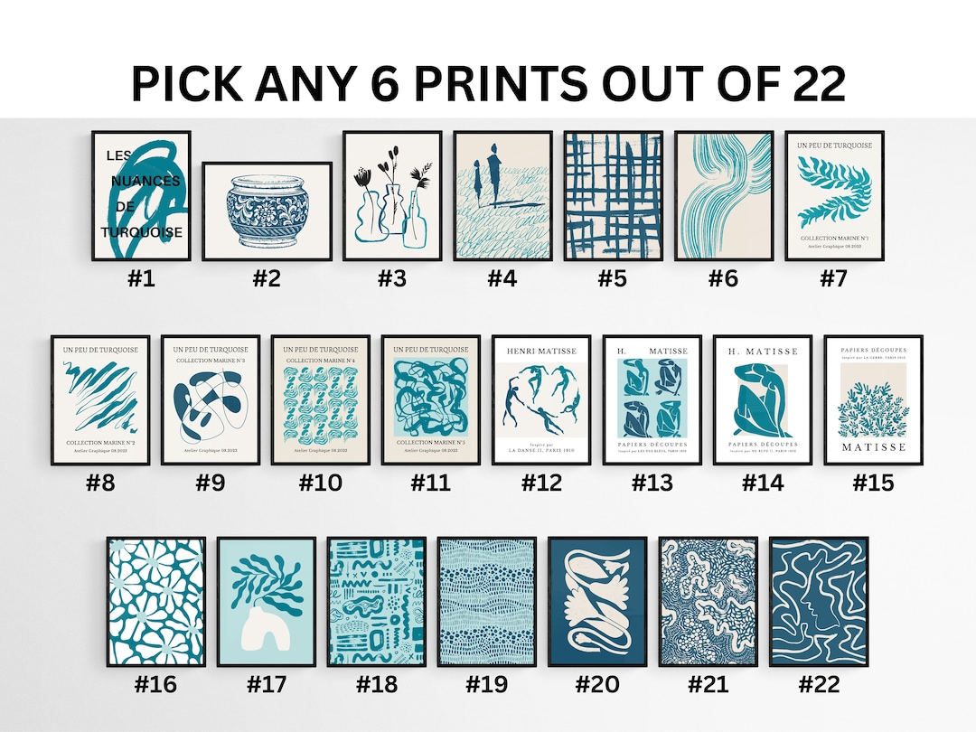 Set of 6 Teal Abstract Wall Arts, Modern Teal Abstract Posters, Teal ...