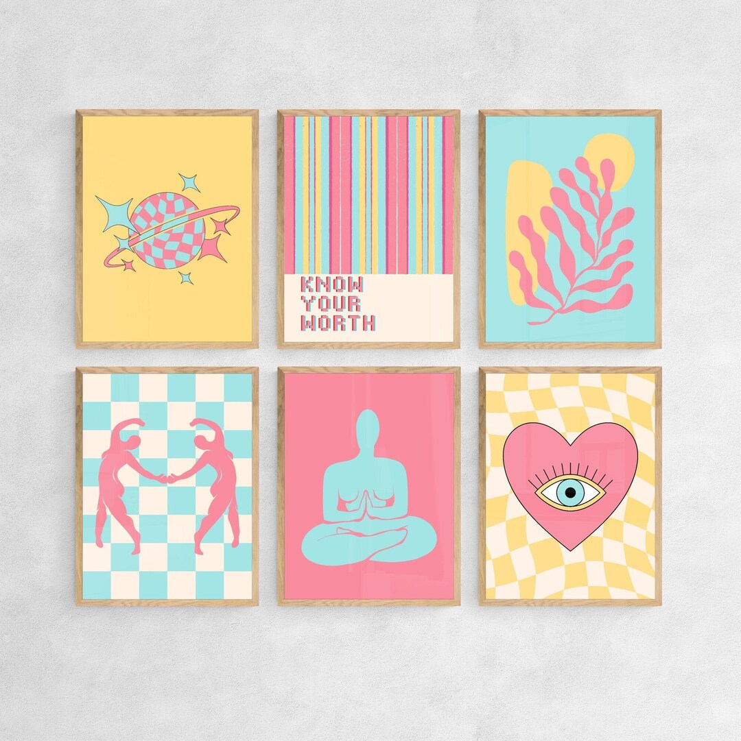 Preppy Wall Arts Set of 6, Groovy Art Prints, Funky Art Posters, Cute ...