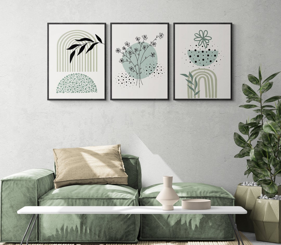 Sage Green Boho Wall Arts, Set of 3, Green Abstract Art Posters, Green ...
