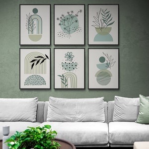 Sage Green Boho Wall Arts Set of 6, Green Abstract Art Posters, Green ...