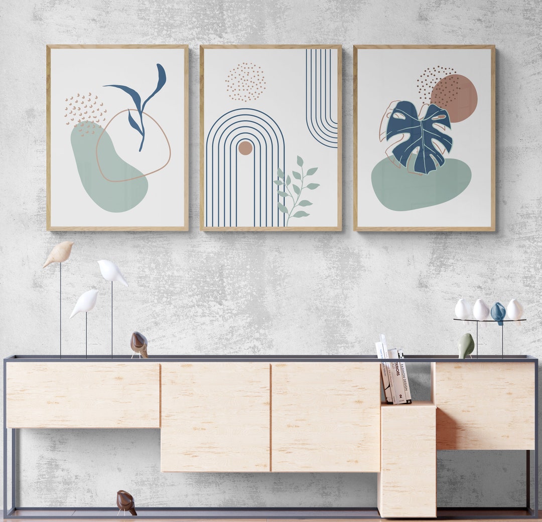 Boho Kunst Poster, 3er-Set abstrakte Kunstdrucke, blaue, grüne, braune Boho Wandkunst, neutrale ...