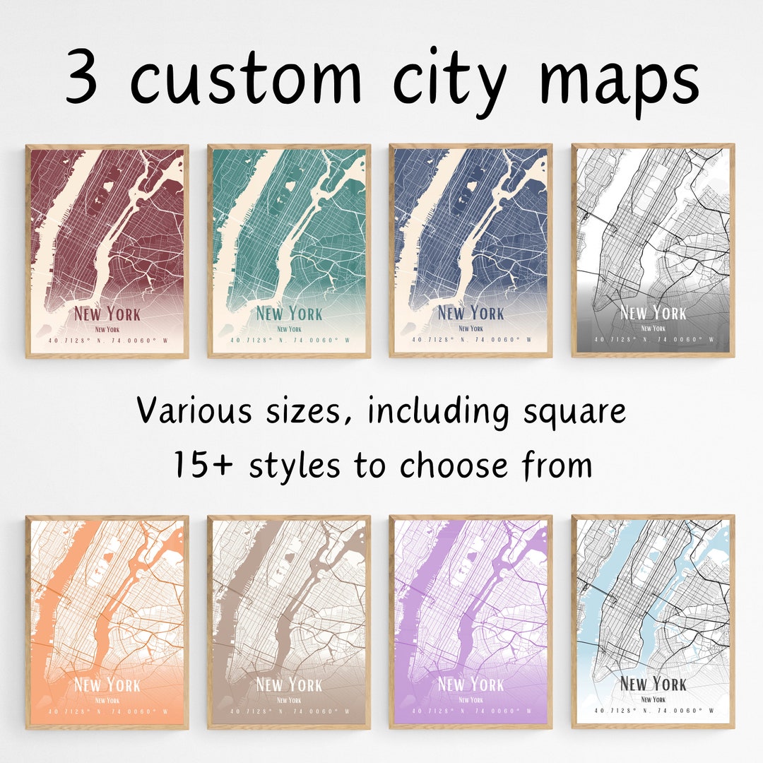 Custom City Map Set of 3 Prints, Map of Any City, Personalized City Map ...