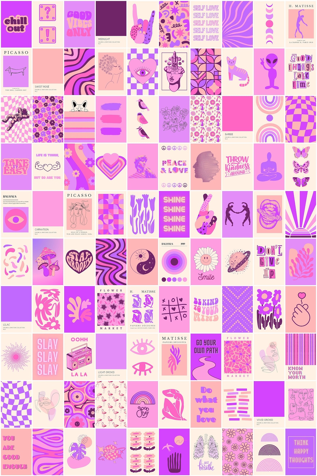 Purple and Pink Groovy Wall Collage Kit, 100 Pcs, Funky Pink Room Decor ...
