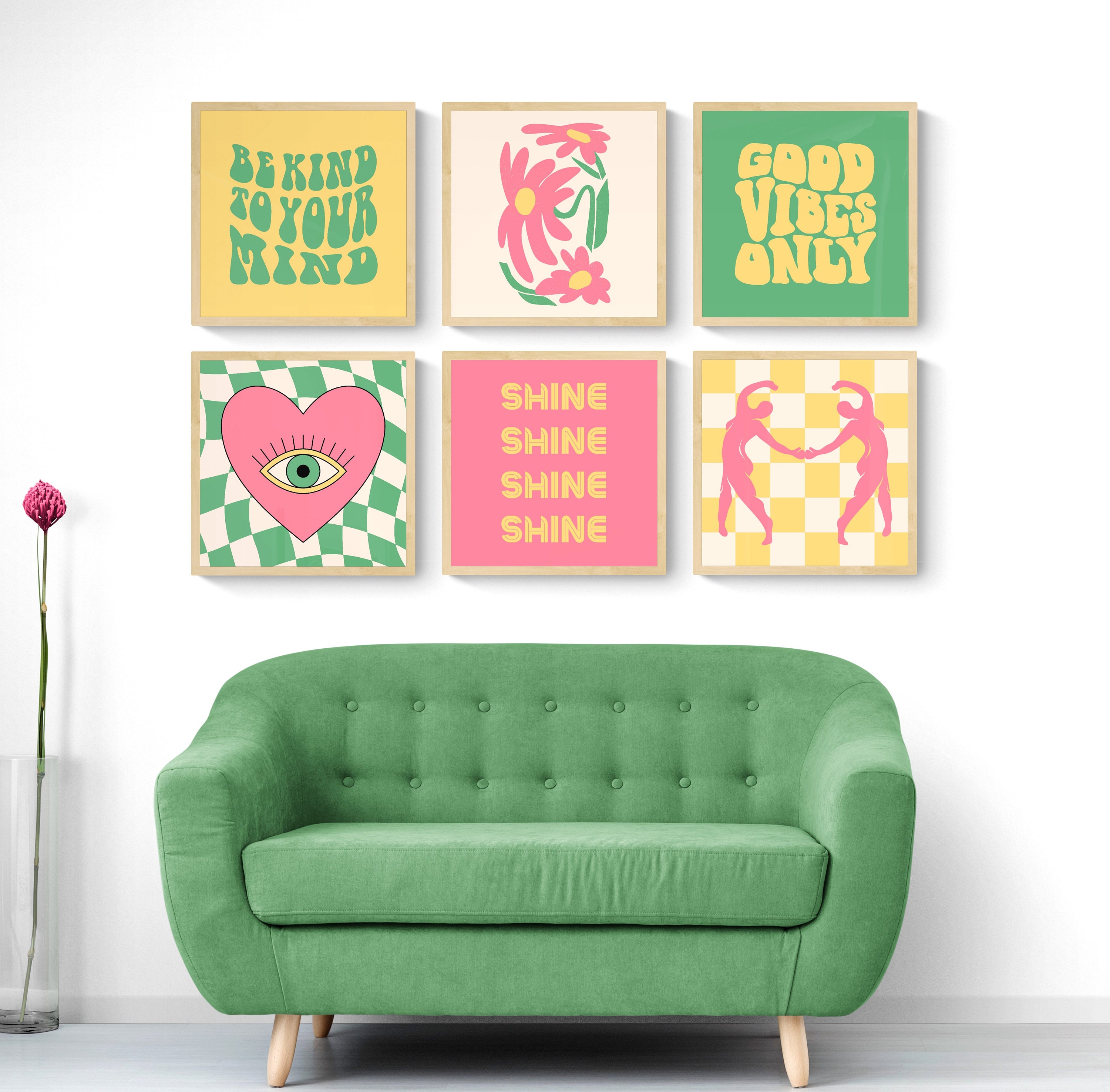 Funky Wall Arts Set of 6, Preppy Art Prints, Groovy Art Posters, Cute ...
