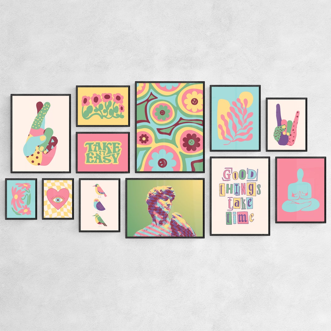 Preppy Art Prints Set of 12, Funky Printable Arts, Colorful Groovy Art ...