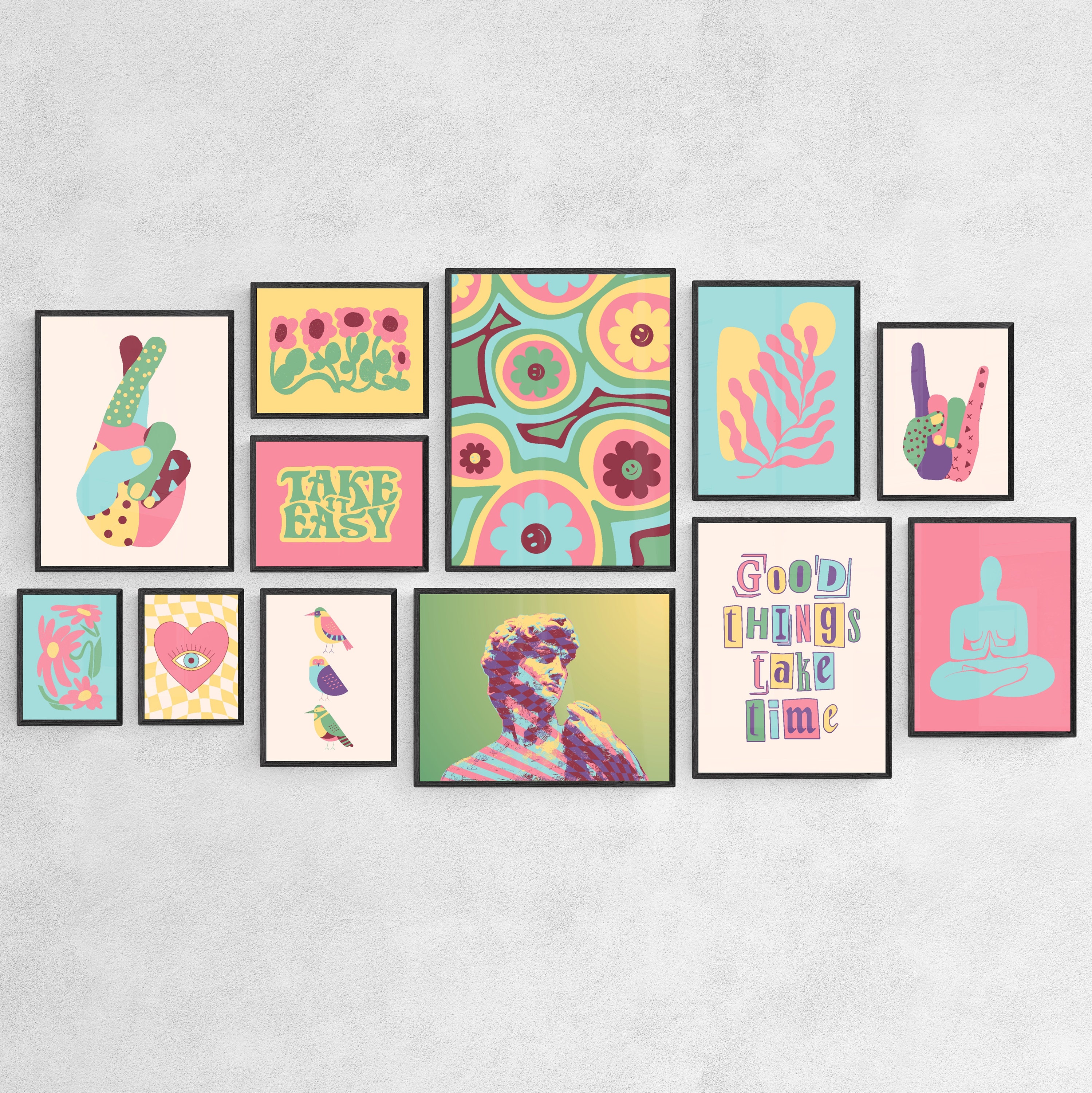 Preppy Art Prints Set of 12, Funky Printable Arts, Colorful Groovy Art ...