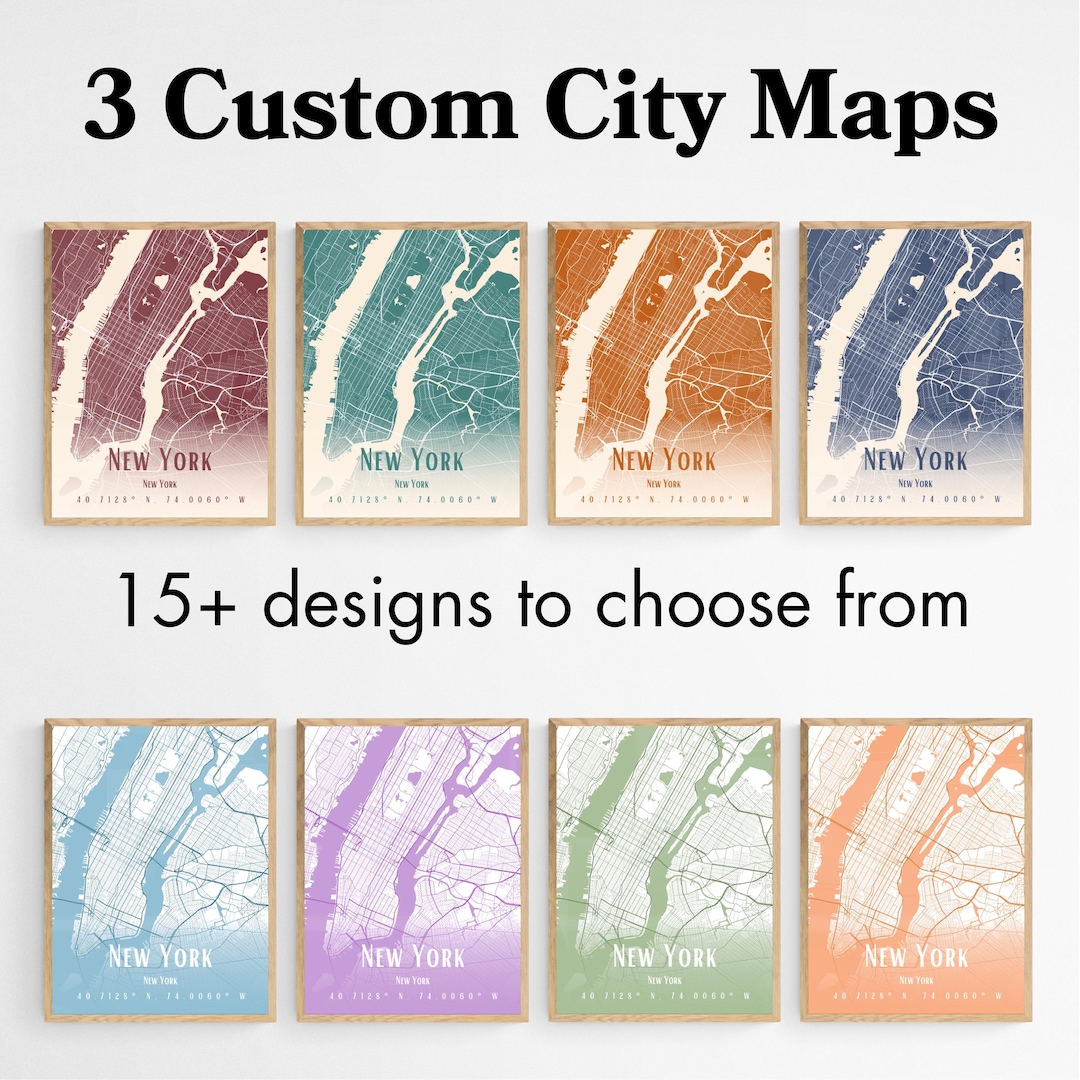Custom City Map Set of 3 Prints, Map of Any City, Personalized City Map ...