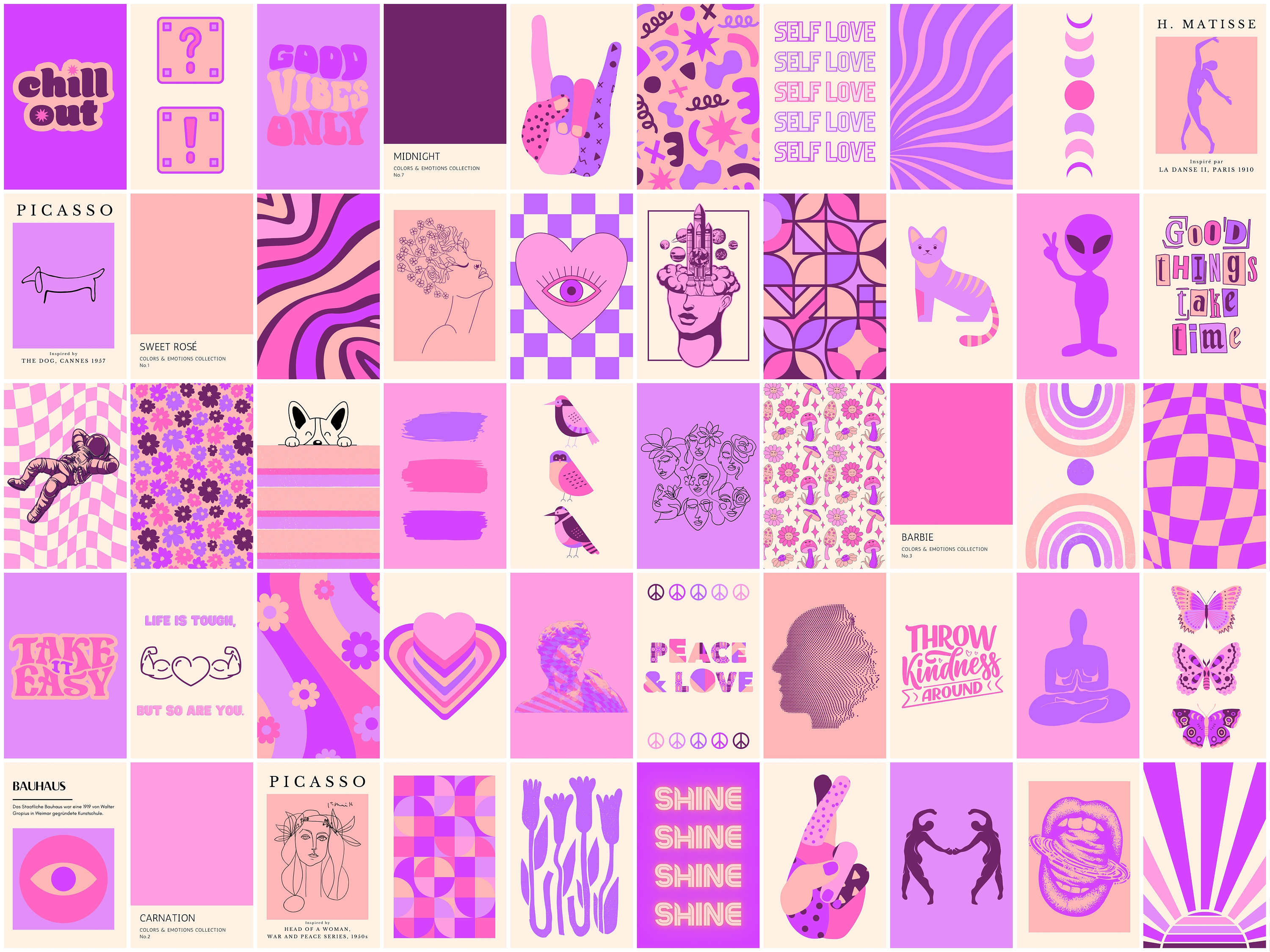 Purple and Pink Groovy Wall Collage Kit, 100 Pcs, Funky Pink Room Decor ...