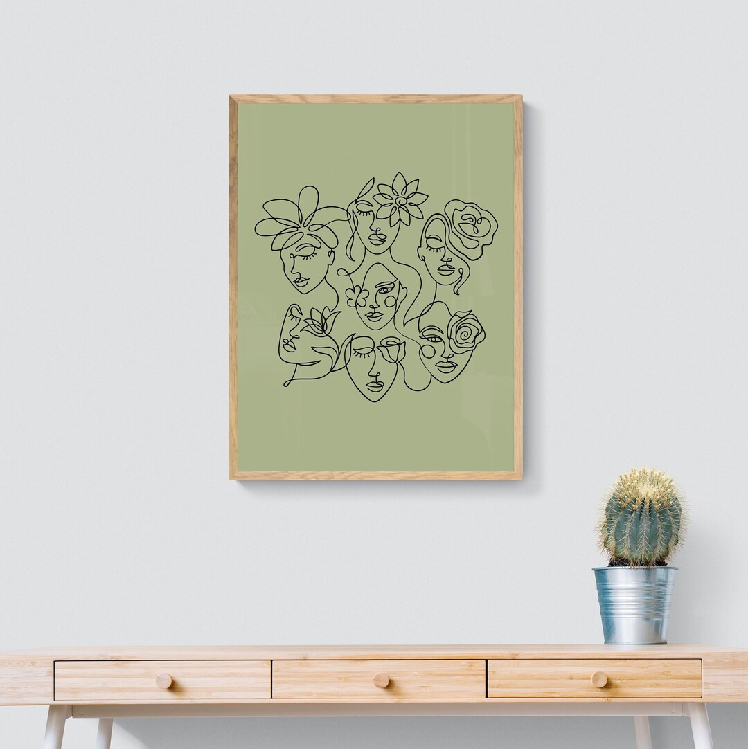 Sage Green Floral Women Portrait Poster, Women Line Art Print ...