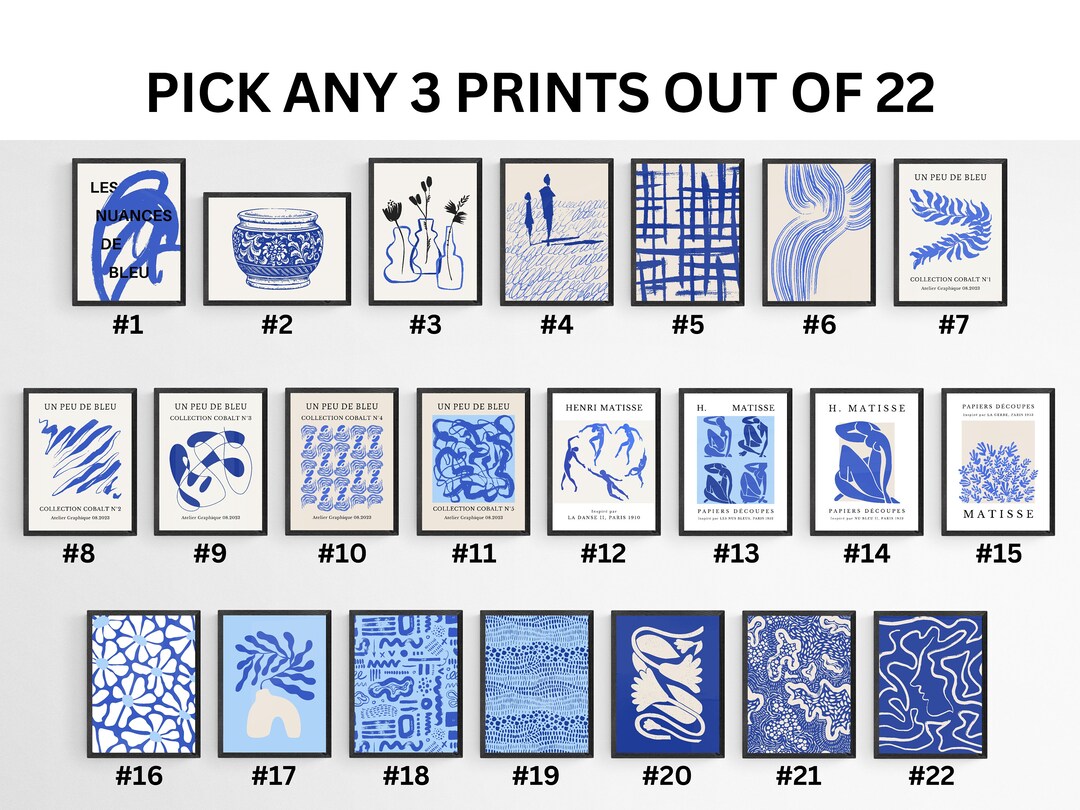 Set of 3 Blue Abstract Art Prints, Trendy Shades of Blue Arts, Modern ...