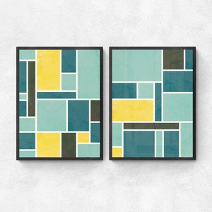 Teal Geometric Abstract Wall Arts, Set of 2 Modern Abstract Prints ...