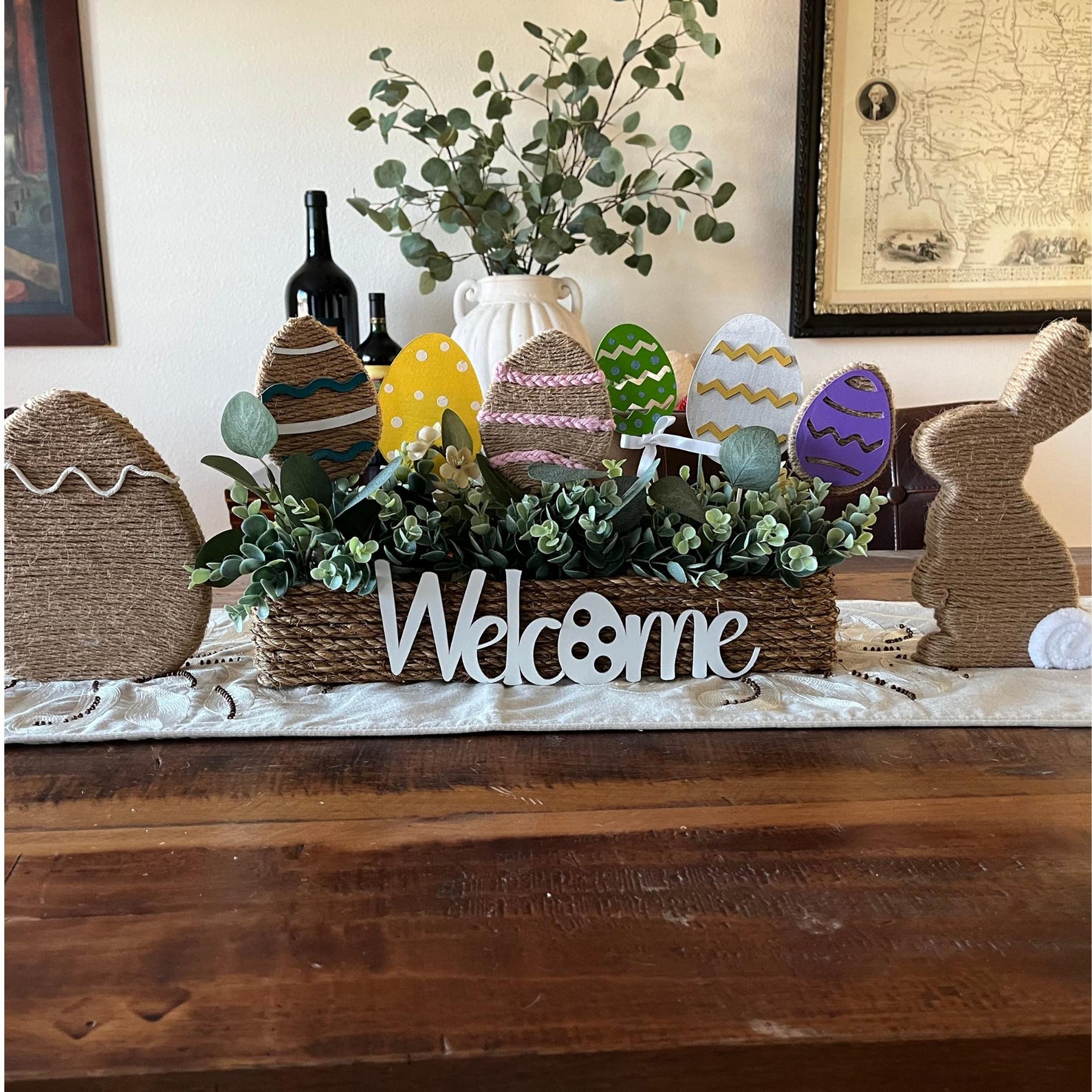 Easter Table Centerpiece With Succulents, Eucalyptus & Jute Rope ...