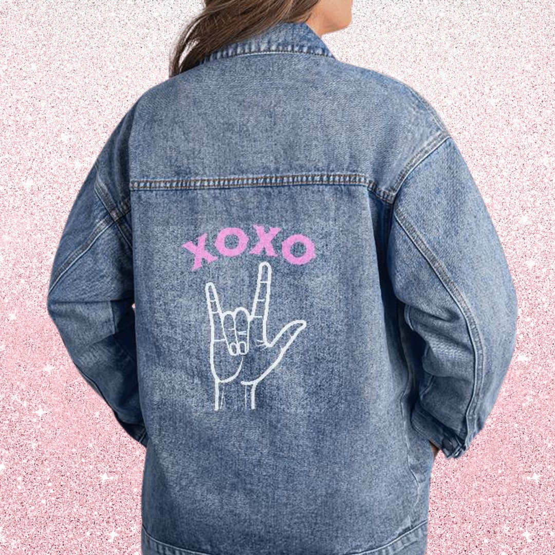American Sign Language I Love You XOXO Denim Printed Jacket, ASL Women ...