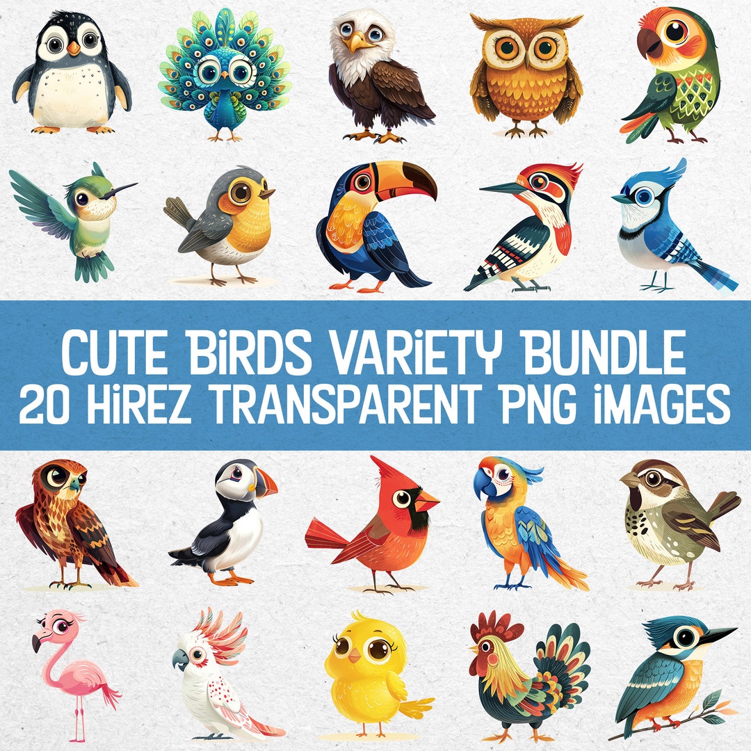 Chirpy Bird Wonders Bundle - 20 Adorable Assorted Bird PNG Clip Art ...