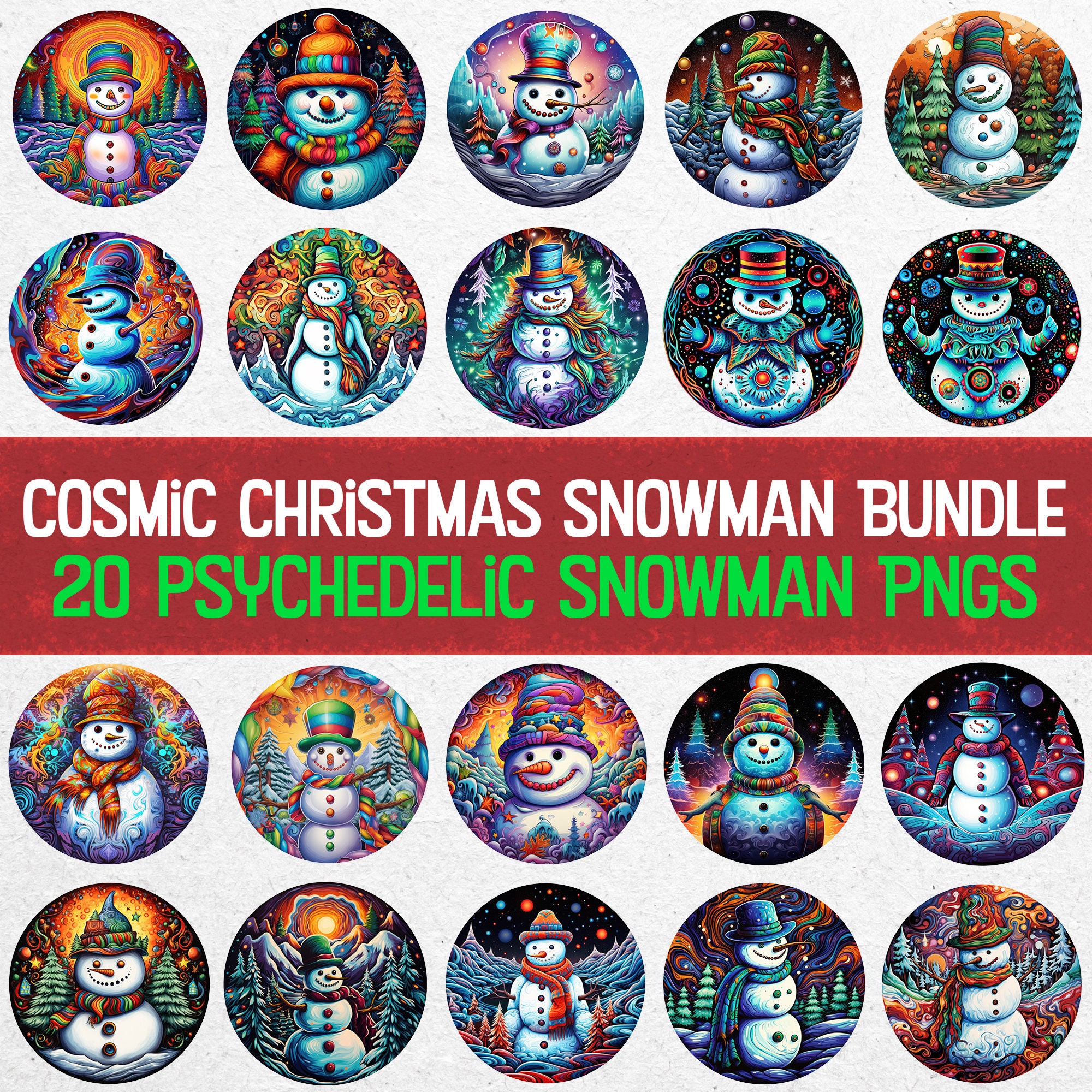 Psychedelic Snowman Christmas Clipart Bundle - 20 Unique Cosmic Snowmen ...