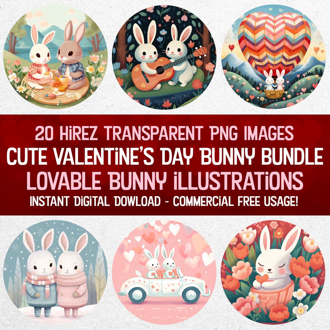 Adorable Bunny Rabbit Valentine Clipart Set - 20 PNG Bundle for Love ...