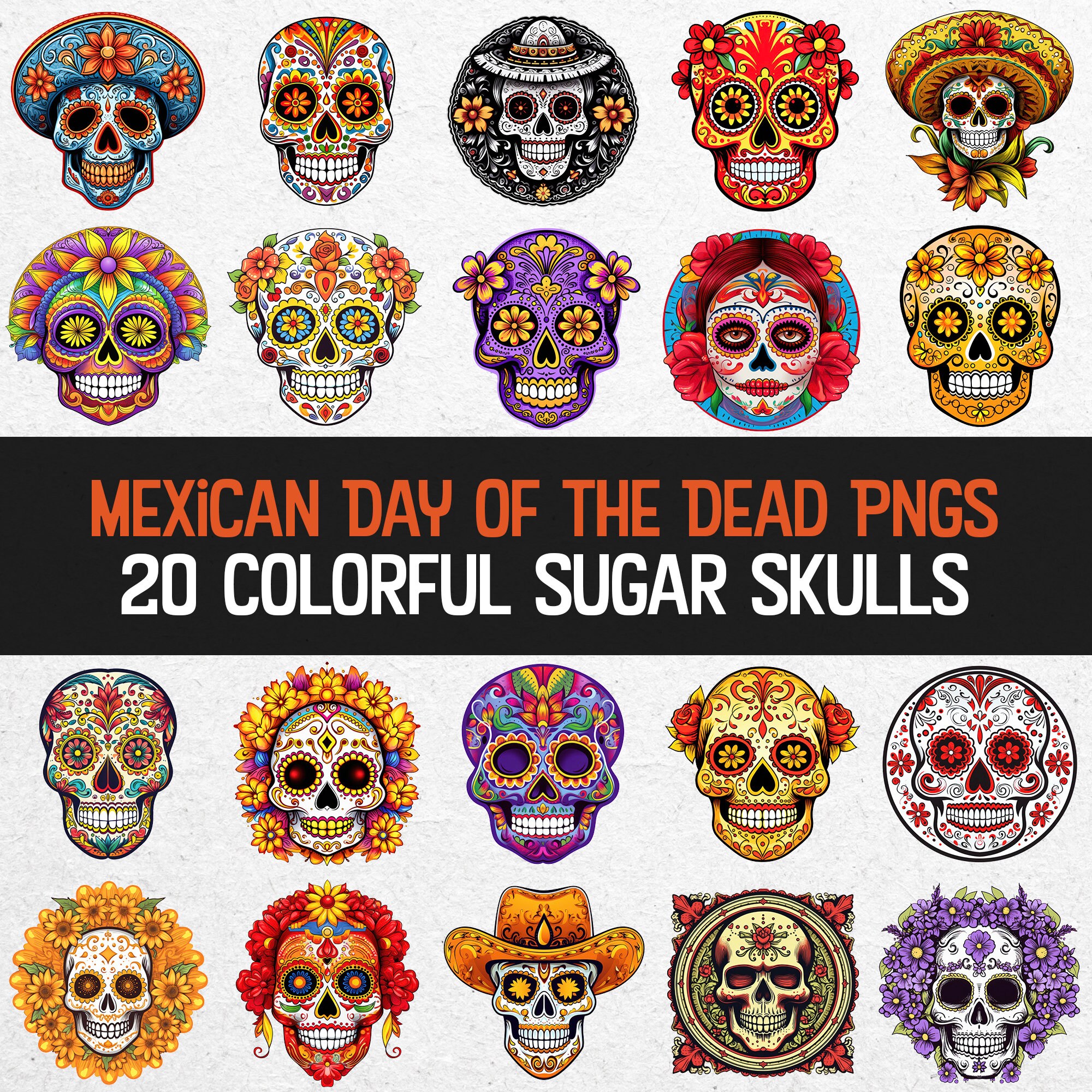 Colorful Mexican Sugar Skull Pngs - Set of 20 High-quality Digital Art ...