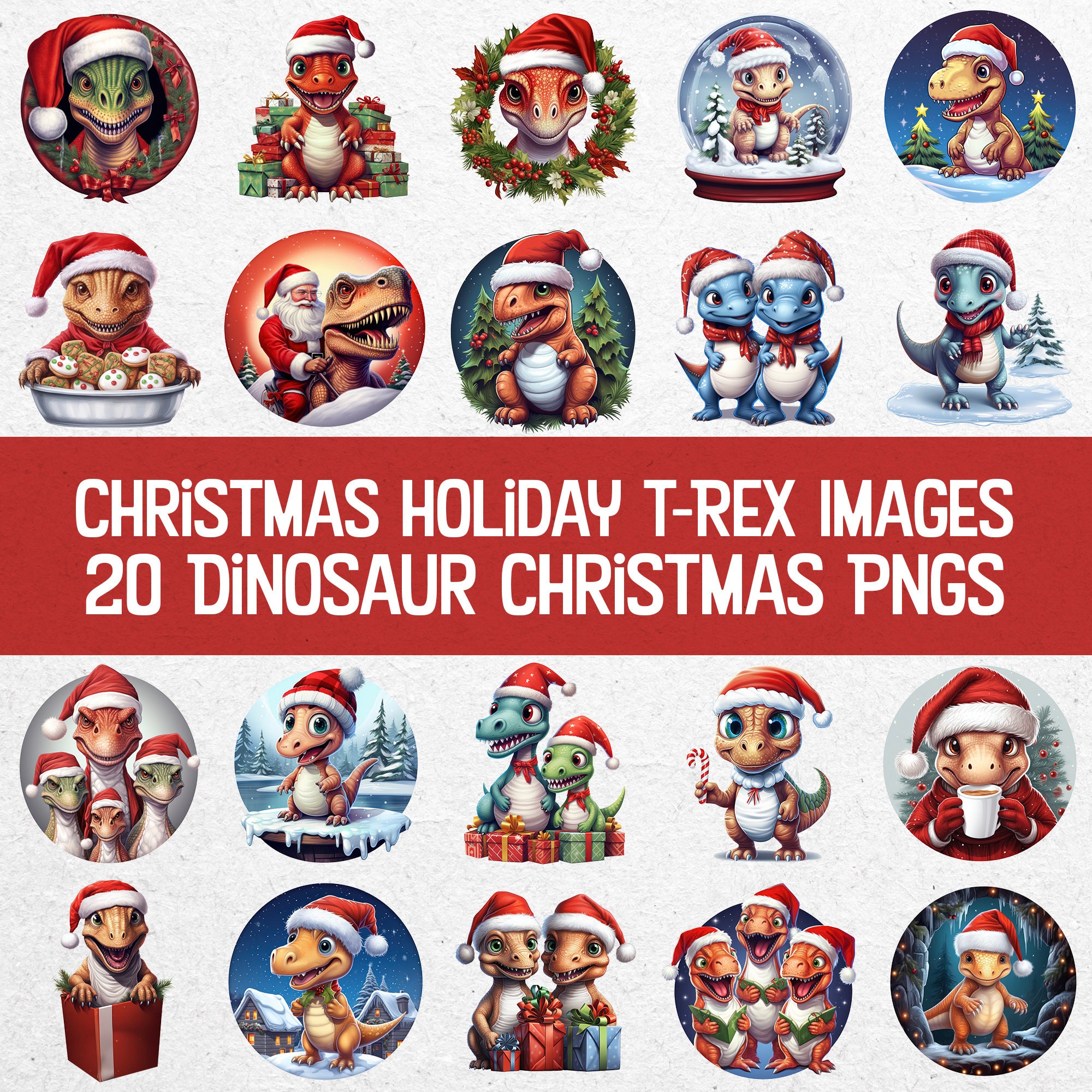 Cute T-rex Dinosaur Christmas PNG Bundle 20 Holiday-themed Dino ...