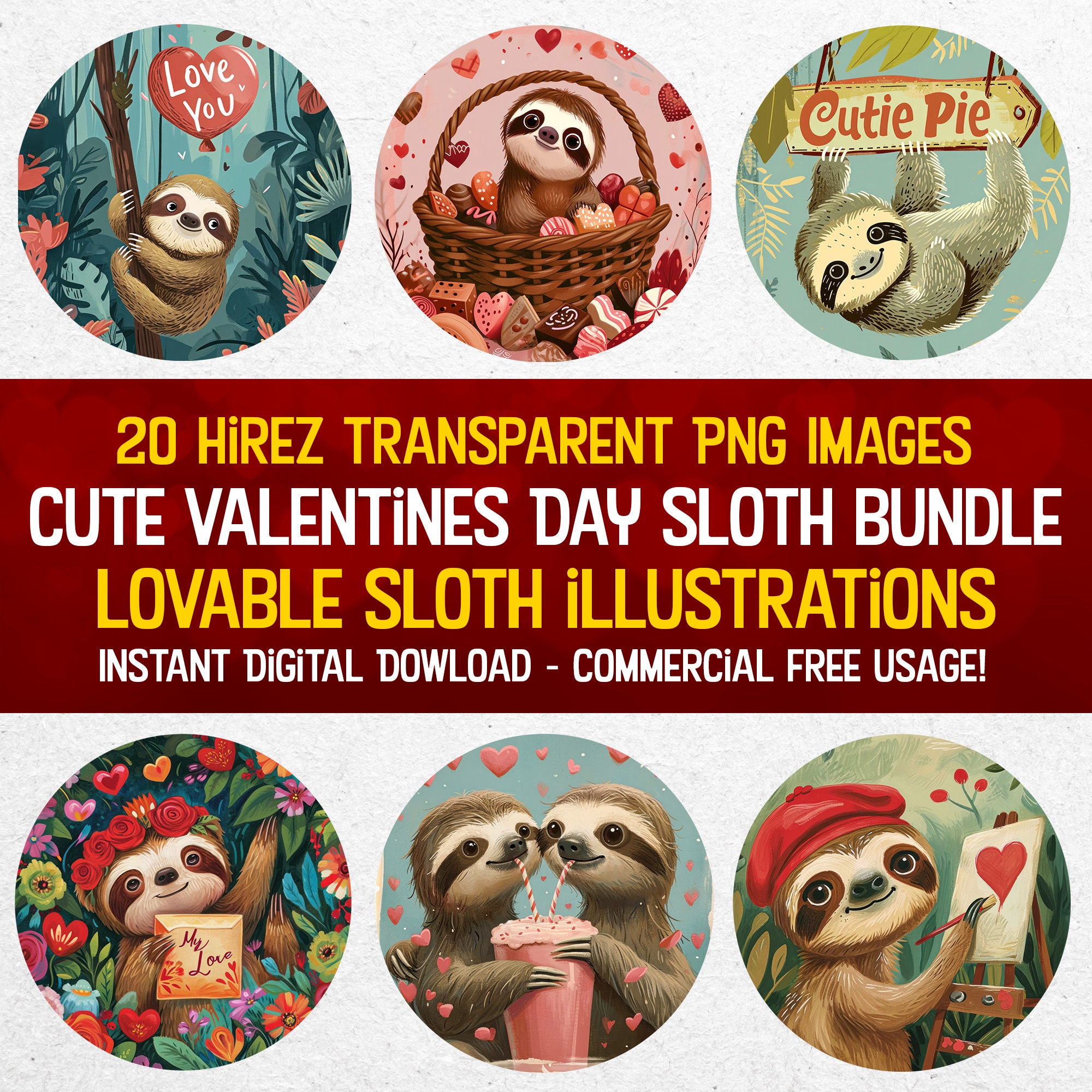 Valentine's Day Sloth Clipart - 20 Cute & Lovable Digital Images for Crafting, Love-themed ...