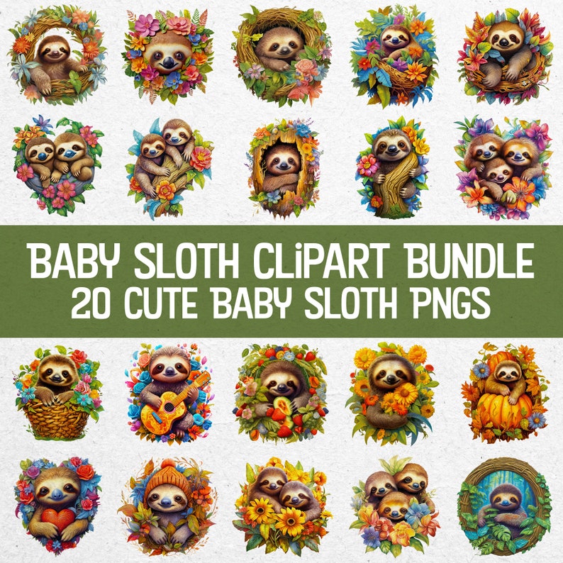 Adorable Sloth PNG Images Bundle - 20 Cute Sloth Graphics Pack - Etsy