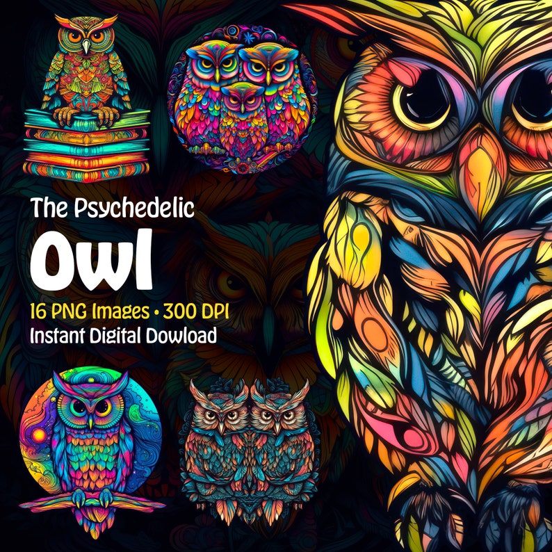 16 Psychedelic Owl Clipart Pngs - 16 Unique and Mystical Owl Digital Images for Creative ...
