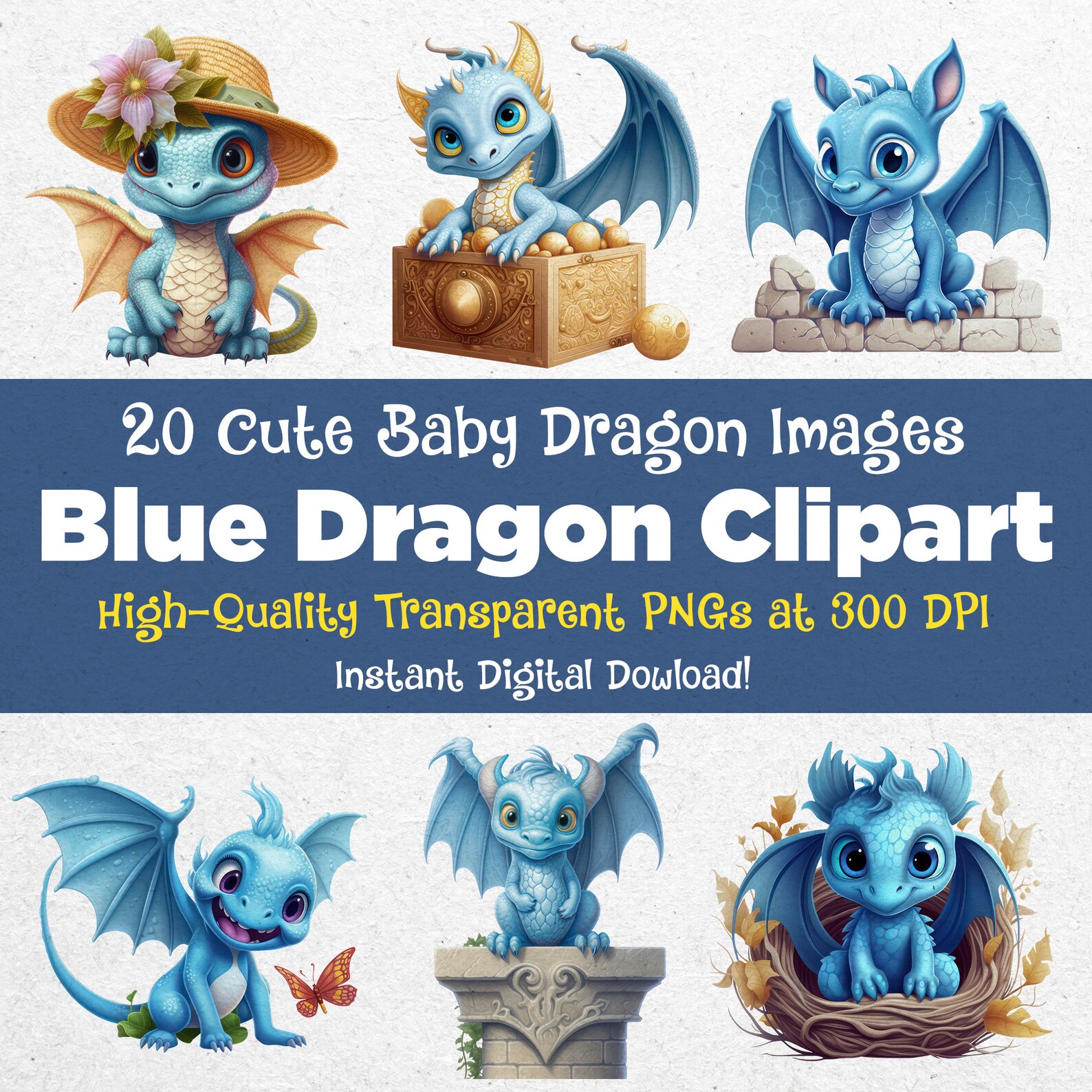 Cute Blue Baby Dragon Clipart PNG Bundle - Set of 20 Transparent Png's ...