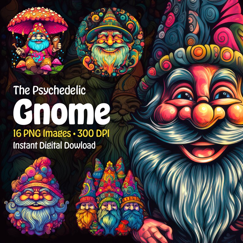 Gnome's Psychedelic Adventure - 16 Gnome Clipart Pngs for Art and Merch ...