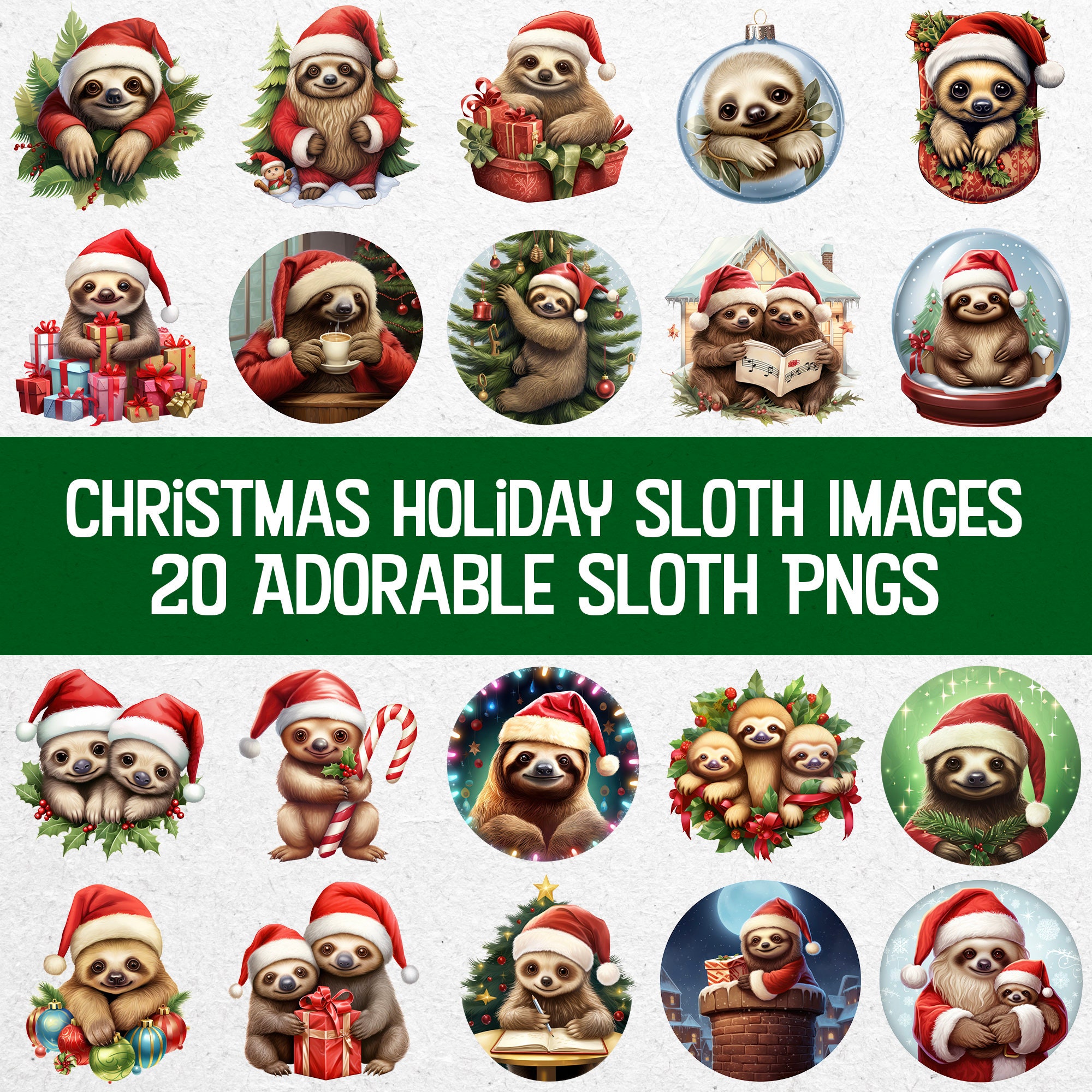 Cute Sloth Christmas Holiday Pngs: 20 Bundle Set of Adorable Festive ...