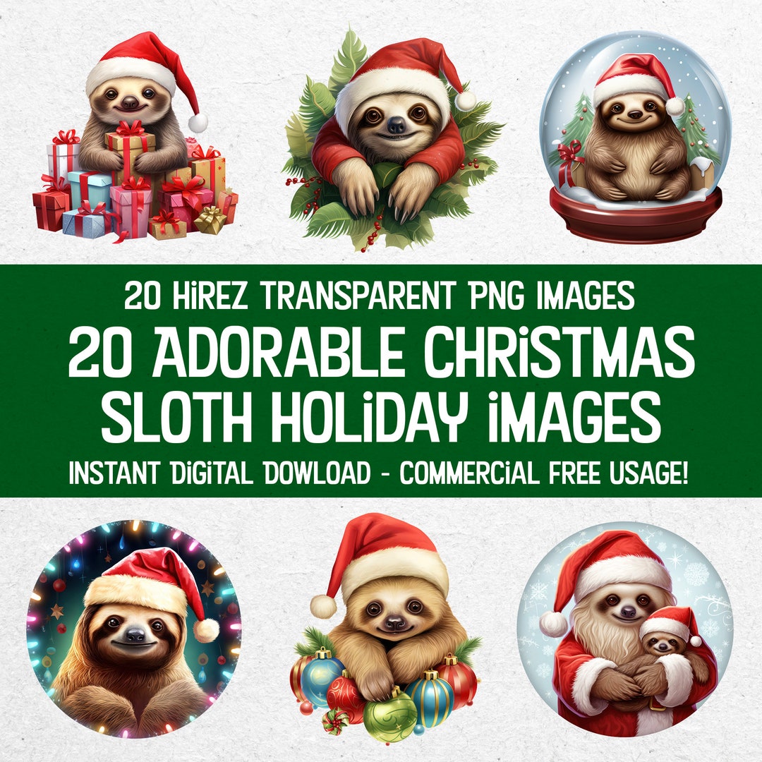 Cute Sloth Christmas Holiday Pngs: 20 Bundle Set of Adorable Festive ...