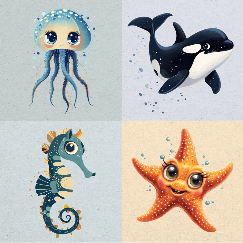 Adorable Ocean Life Bundle - 20 Cute Assorted Sea Creatures PNG Images ...