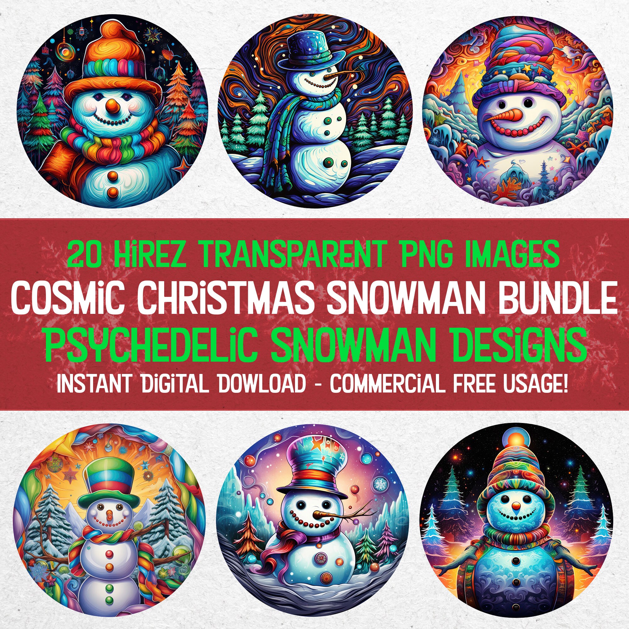 Psychedelic Snowman Christmas Clipart Bundle - 20 Unique Cosmic Snowmen ...