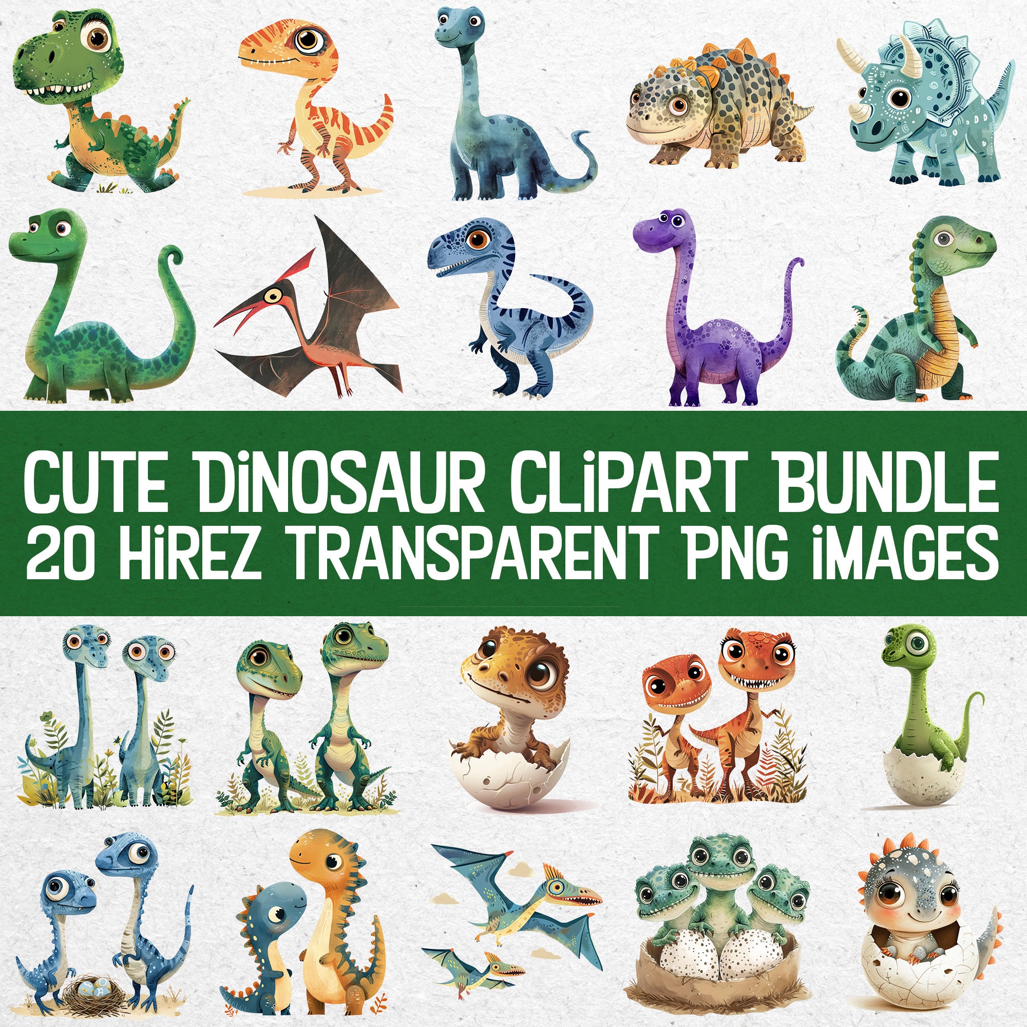 Adorable Dinosaur PNG Bundle 20 Unique, Colorful & Playful Dino Clip ...